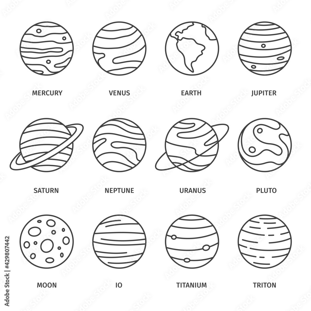 Black planets vector line icons set Stock Vector | Adobe Stock