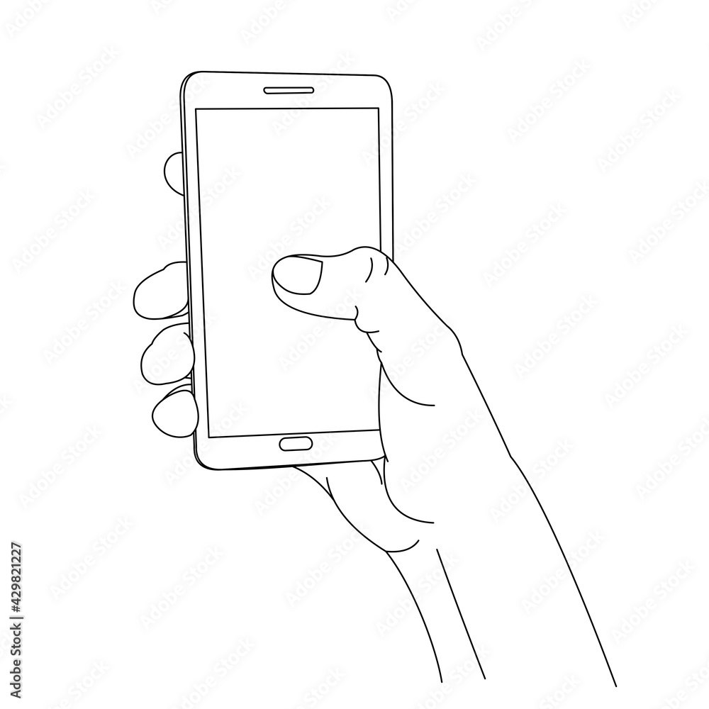 linear illustration hand with phone, isolated drawing smartphone in ...