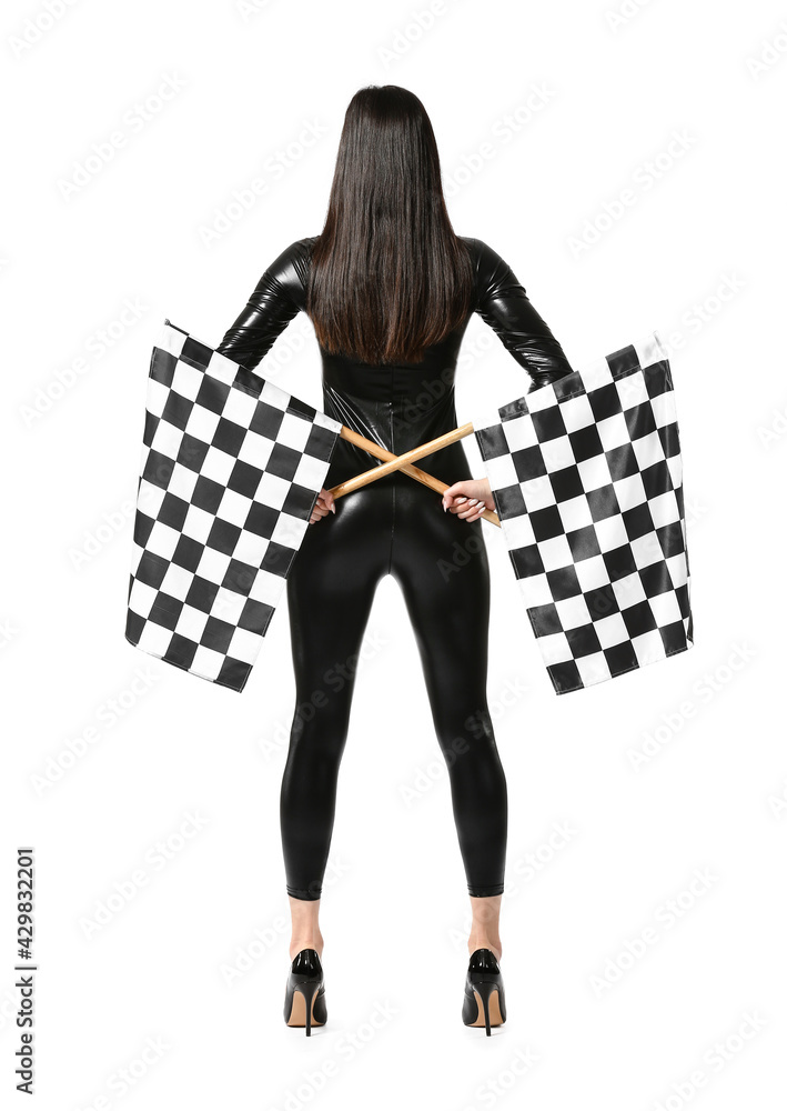Beautiful young woman with racing flags on white background Stock Photo ...