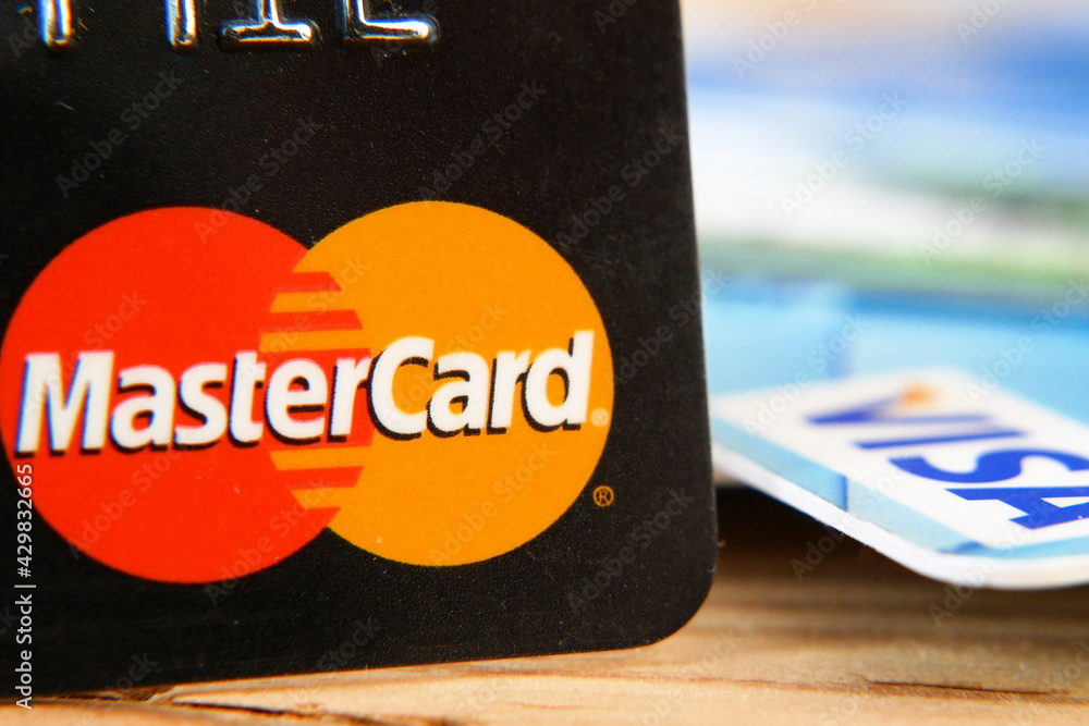 Visa credit card vs Mastercard, stack of plastic bank card Stock Photo ...