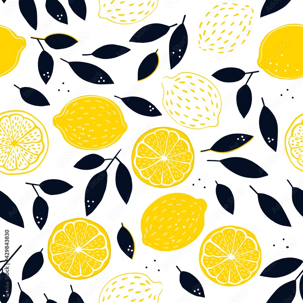 Tropical seamless pattern with yellow lemons and lemon slices. Hand ...