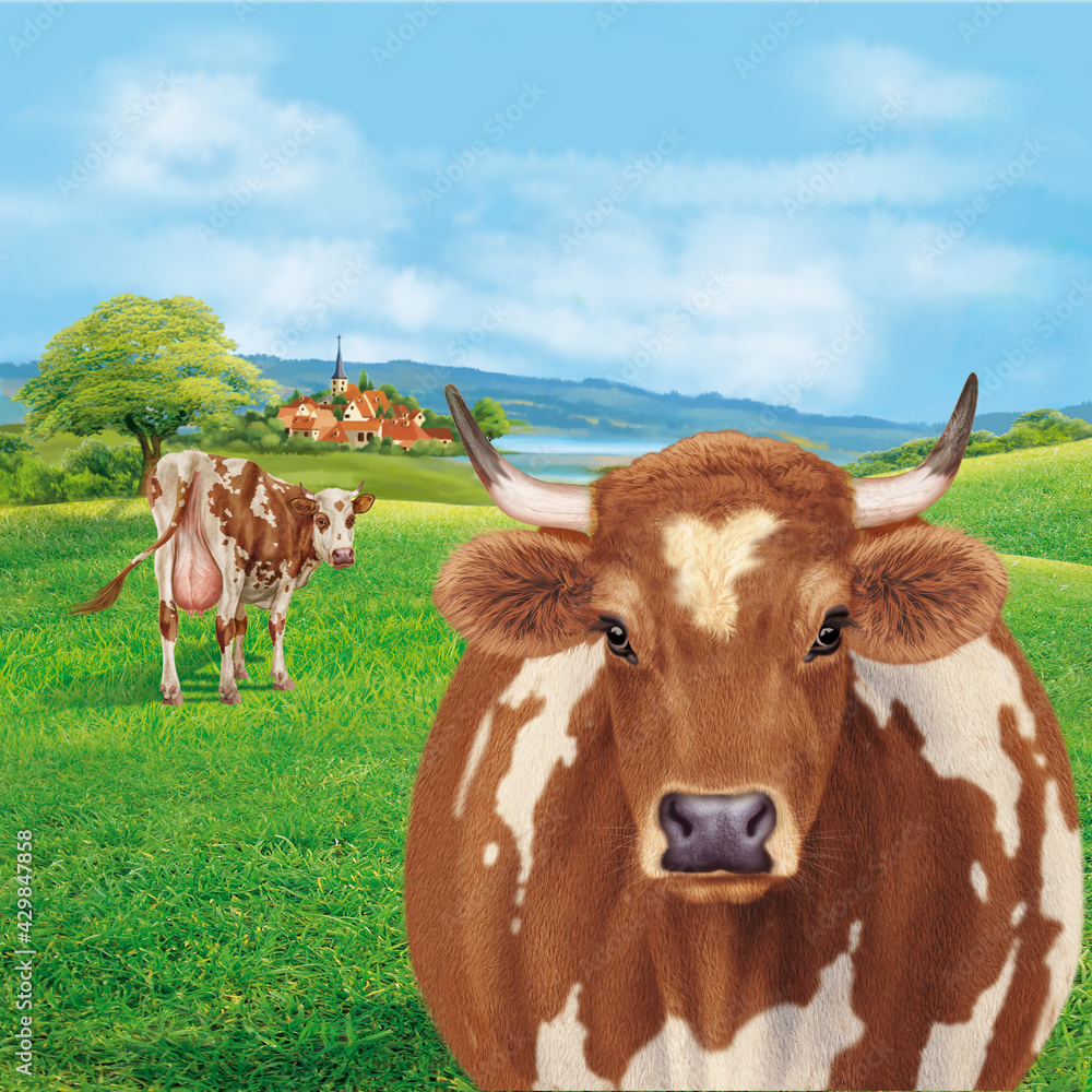 vache laitière, de face animal, ferme, gazon, bétail, marron et blanc ...