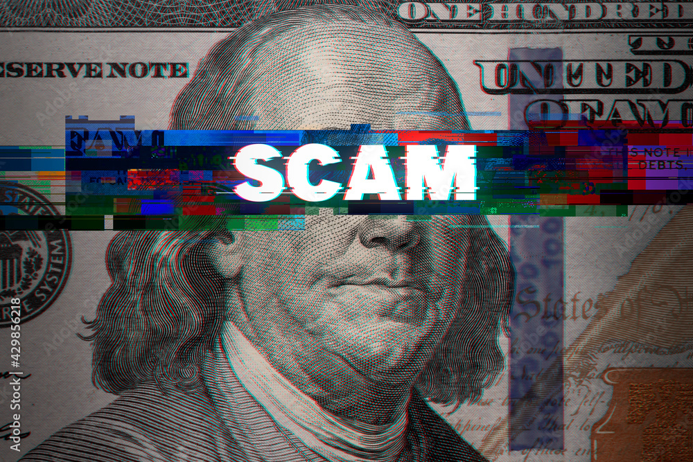 Abstract glitch with word SCAM on 100 Dollar bill. Ideas for Online ...