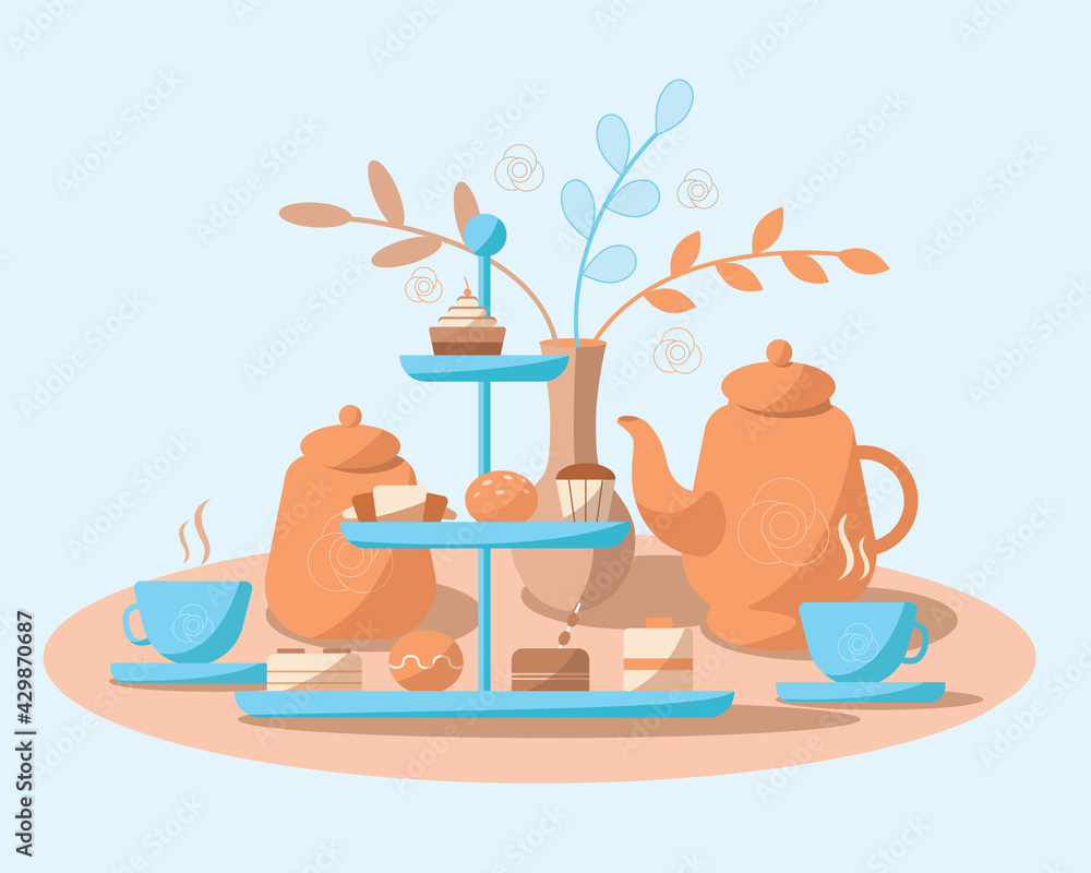 Vetor de High tea with sweets and cake vector illustration do Stock ...