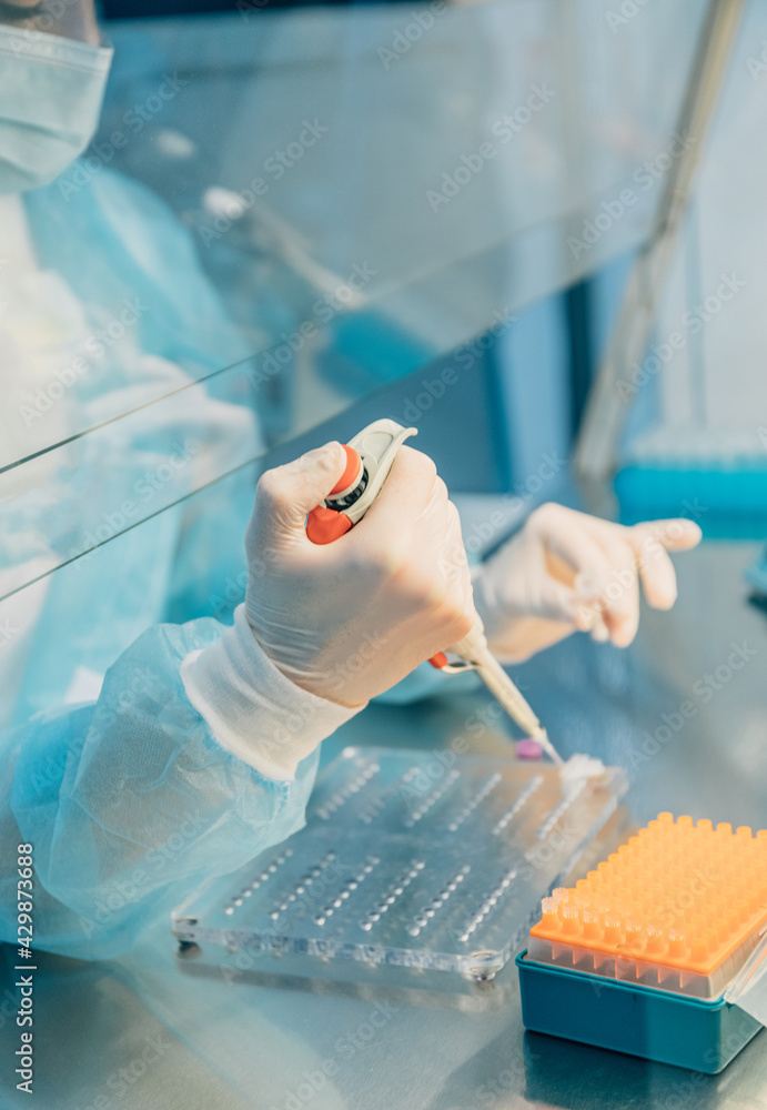 Scientist holds and examine samples. Focused female science ...