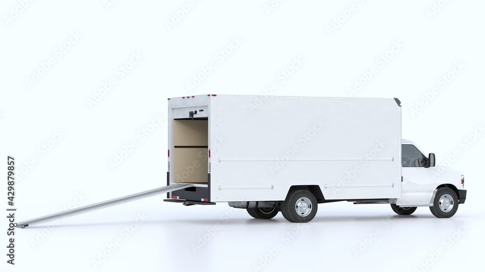 A van with an open trunk and a lowered ramp. Ready to load. 3d render ...
