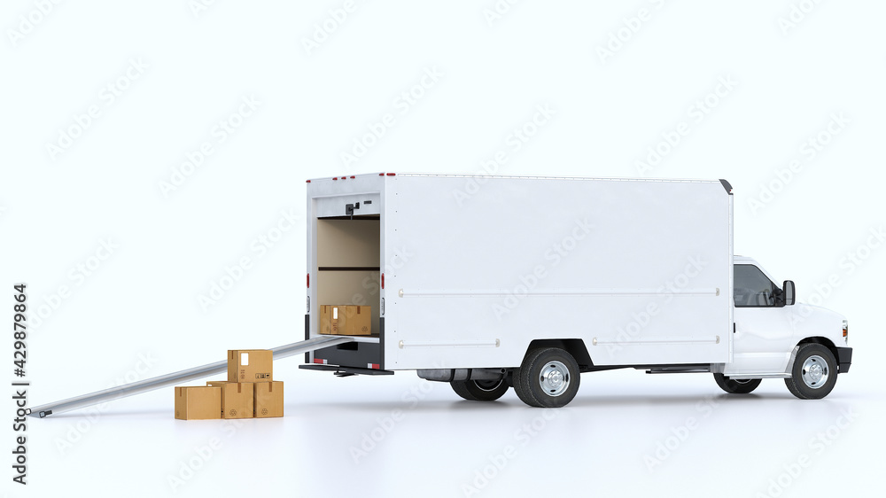 A van with an open trunk and a lowered ramp on isolated background ...
