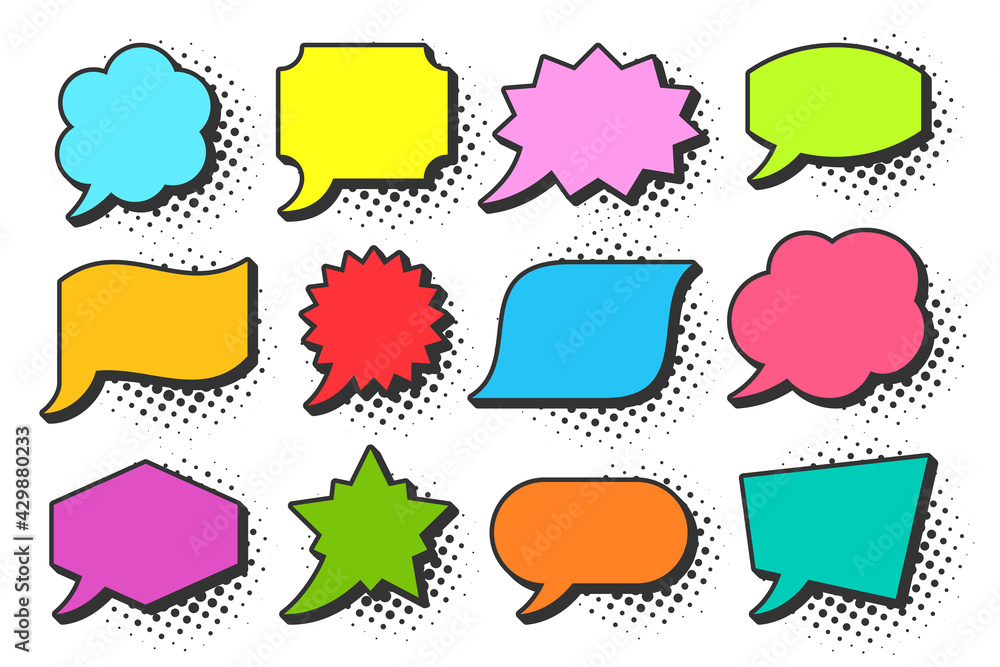 Cartoon pop art bubbles with black halftone shadow. Retro sketch speech ...