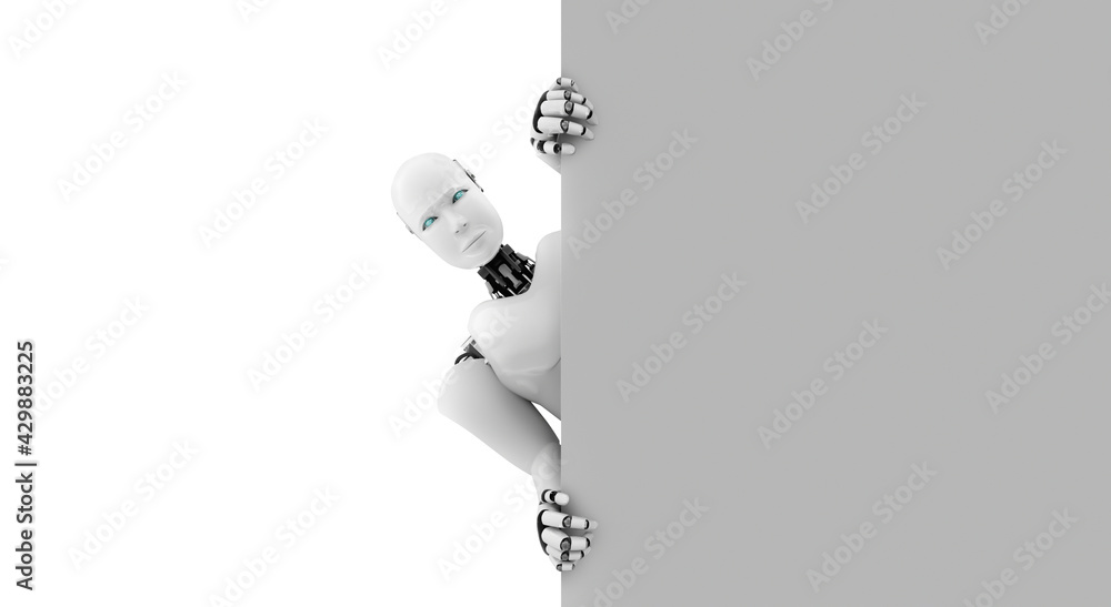 3D render humanoid robot show up from the wall . AI artificial ...