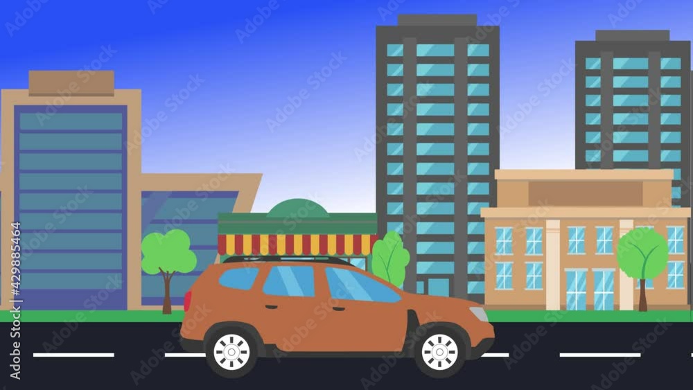 car driving rides around city side view, loop animation, flat design ...