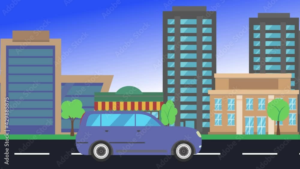 car driving rides around city side view, loop animation, flat design ...