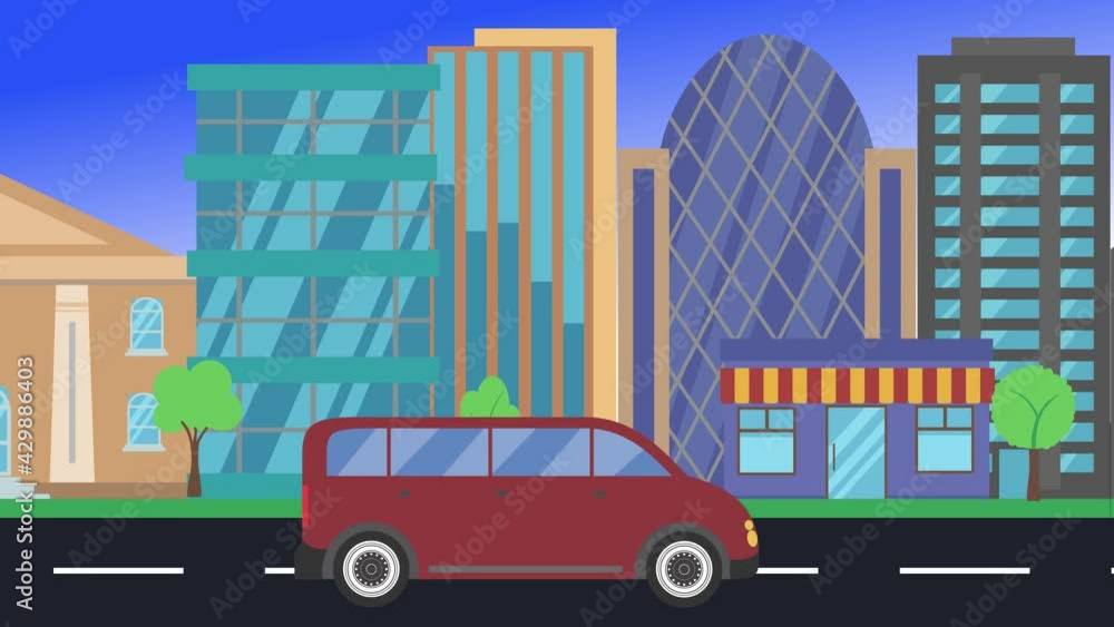car driving rides around city side view, loop animation, flat design ...