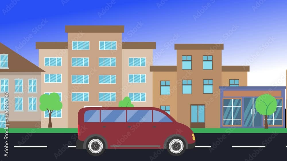 car driving rides around city side view, loop animation, flat design ...