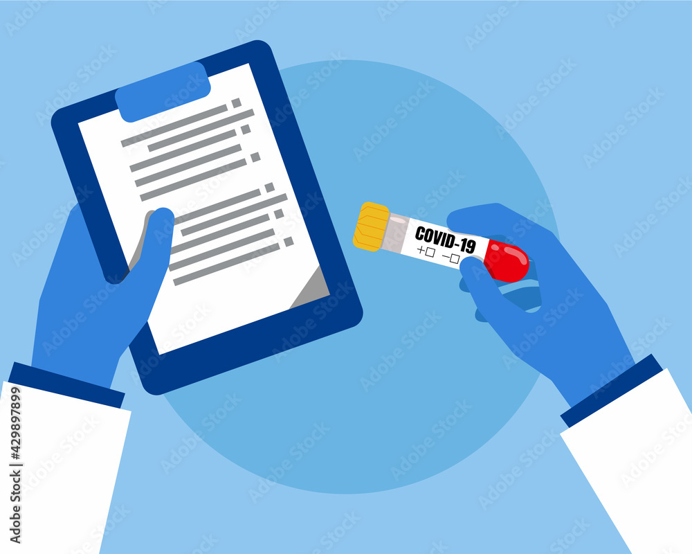 COVID-19 test. Tube with blood sample, saliva and rapid test. Cartoon ...