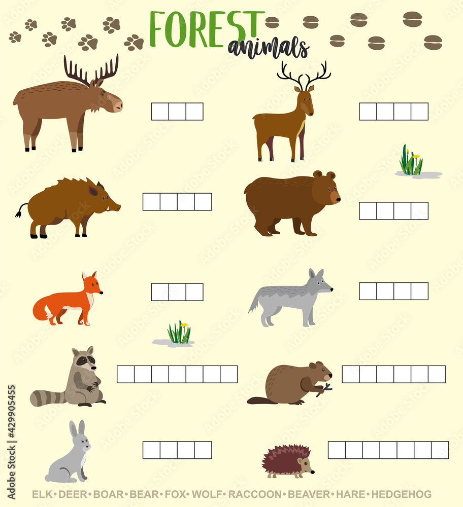 Crossword game for kids with cute forest animals. Preschool puzzle quiz ...