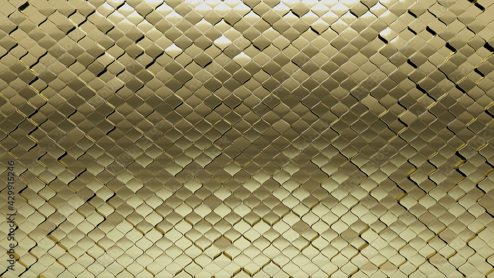 Arabesque, Gold Mosaic Tiles arranged in the shape of a wall. Glossy ...