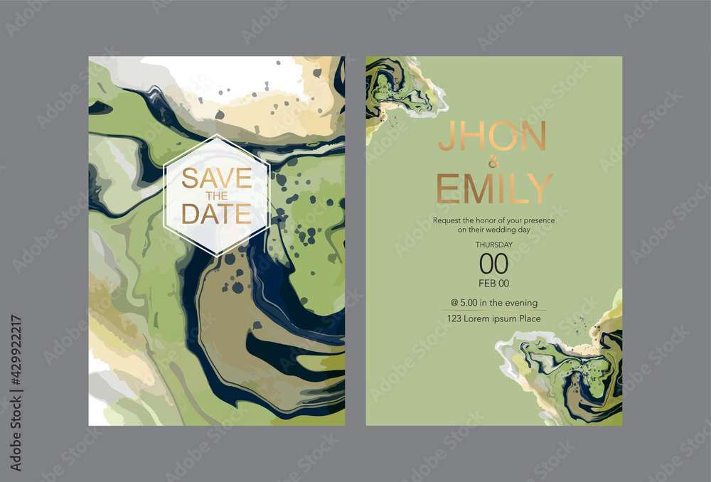 Green marble wedding invitation card and golden abstract background ...