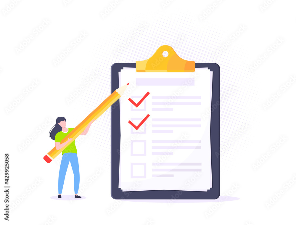 Checklist complete business concept tiny people with pencil nearby ...