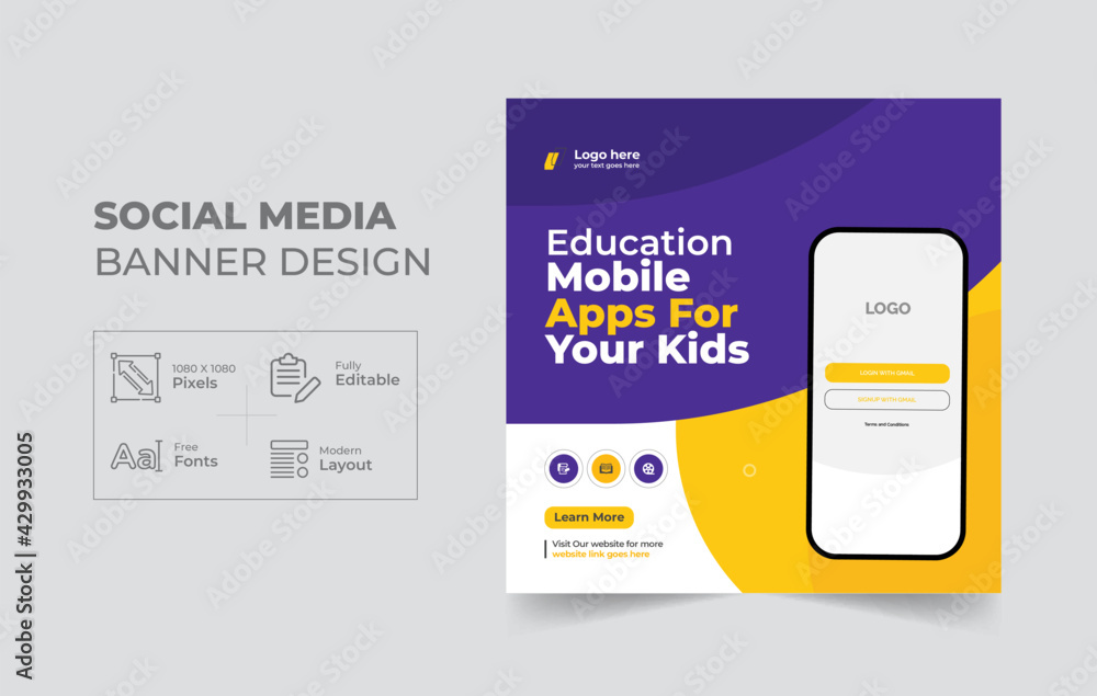Kids education Mobile apps promotion social media post and web banner ...