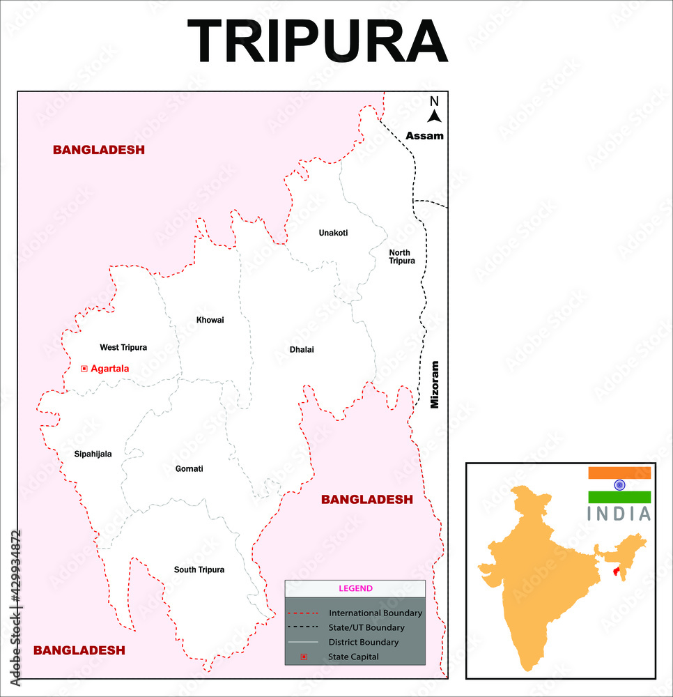 Tripura map. Highlight Tripura map on India map with a boundary line ...