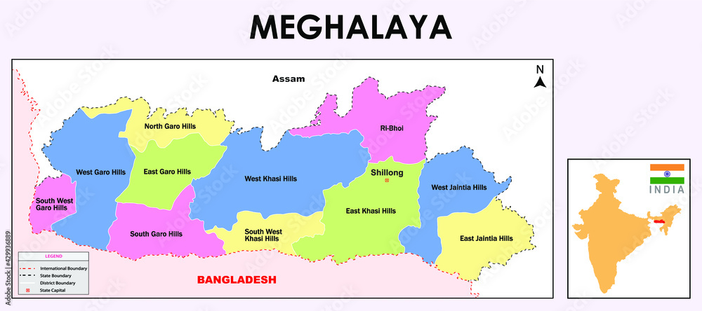 Meghalaya Map. Meghalaya administrative and political vector map in ...