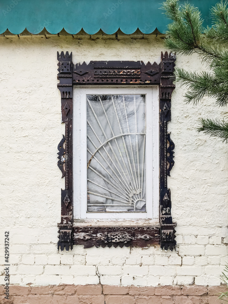 Old fashioned window with wooden lugged architrave.. Rustic window ...