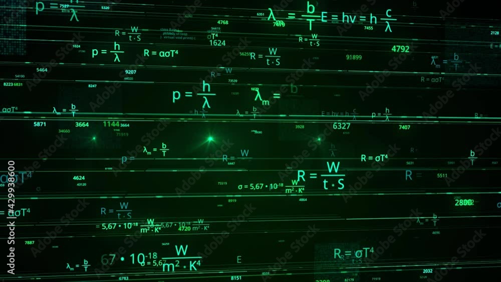 Glowing neon mathematics formulas flying chaotically on black ...