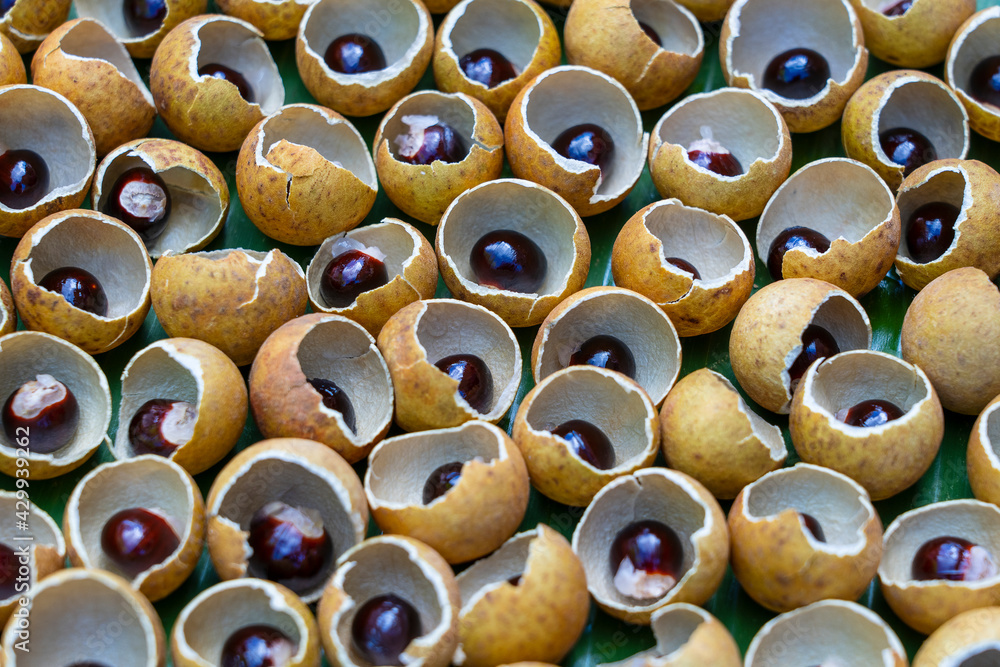 The shell and the bone from the Thai fruit longan. Longan peel shell ...
