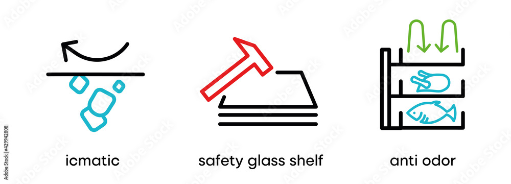 Ice machine, safety glass shelf, anti odor icon set. This symbol is the ...