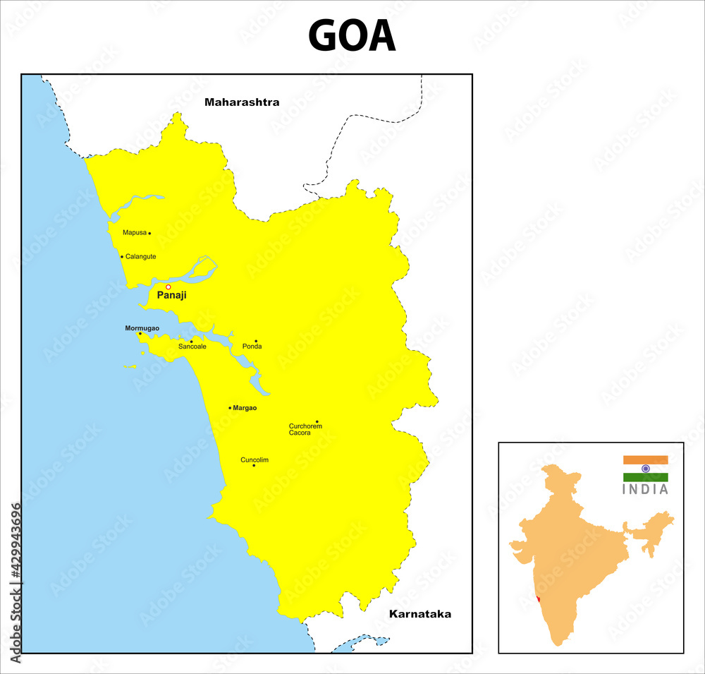 Goa map. Major district in Goa. Political map of Goa with border and ...