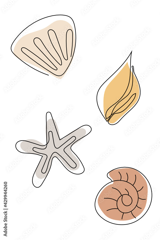 Vector line art set of shells on white background. Isolated. Summer set ...