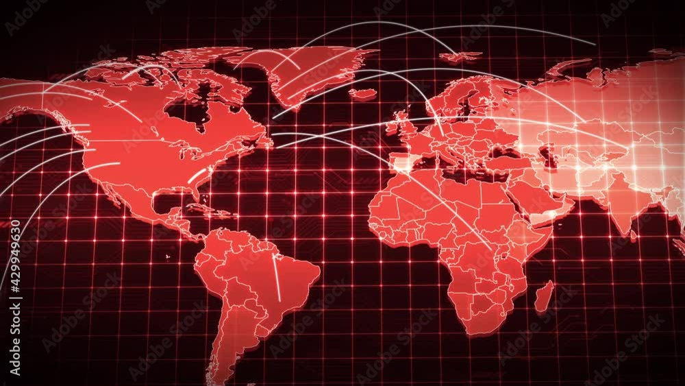 Abstract Red Political Map Background. Animated schematic data lines ...