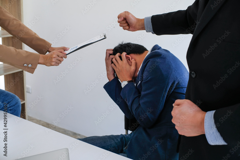 Angry boss Bullying with an out of control boss shouting to a stressed ...