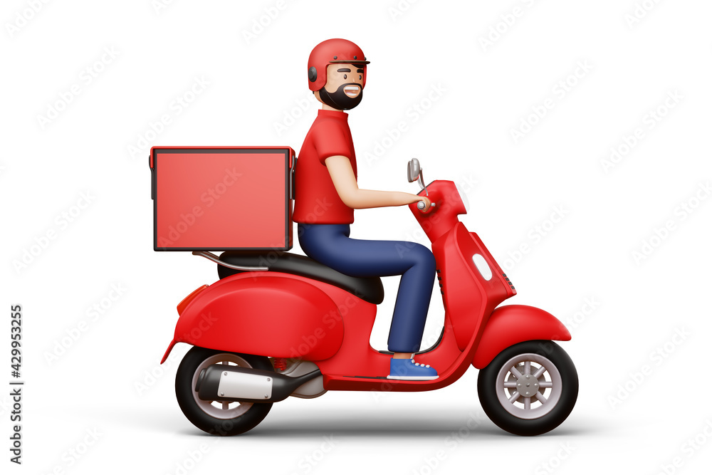 Delivery man riding a motorcycle with delivery box, 3d rendering. Stock ...