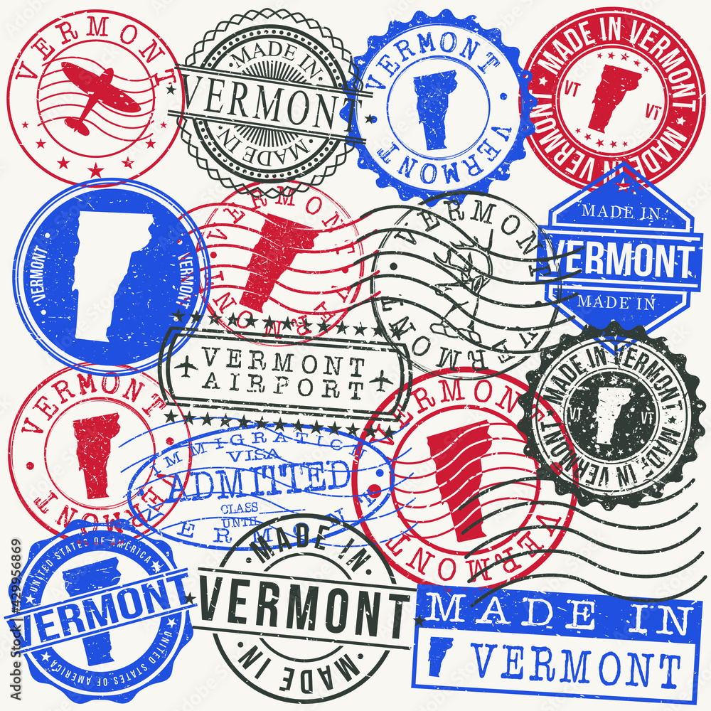Vermont, USA Set of Stamps. Travel Passport Stamps. Made In Product ...