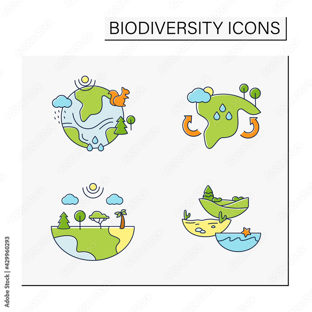 Biodiversity color icons set.Reduce air pollution. Fighting global ...