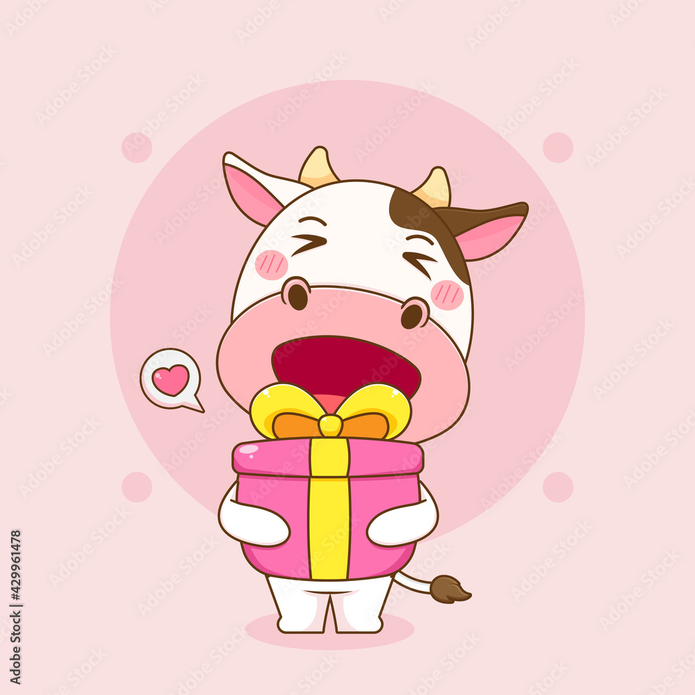 cartoon illustration of cute cow character holding gift box Stock ...