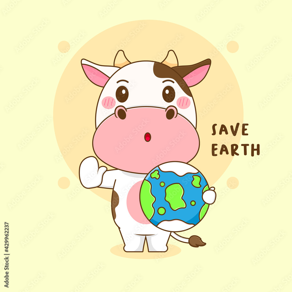 cartoon illustration of cute cow character holding earth Stock Vector ...
