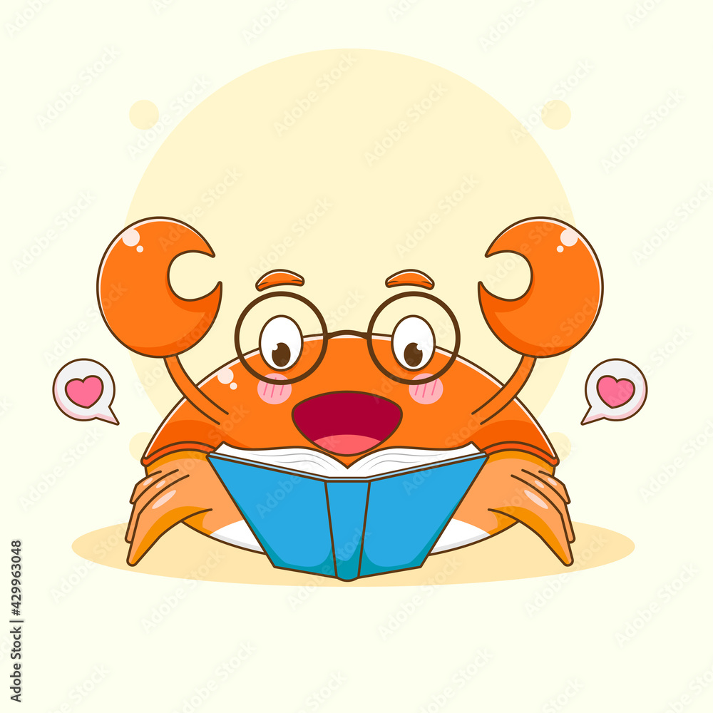 Cartoon illustration of cute crab character reading a book Stock Vector ...