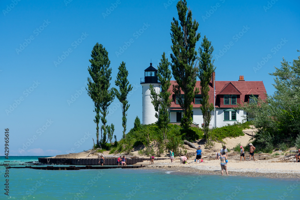 Point Betsie Lighthouse on the western shores of Lake Michigan. Iconic ...