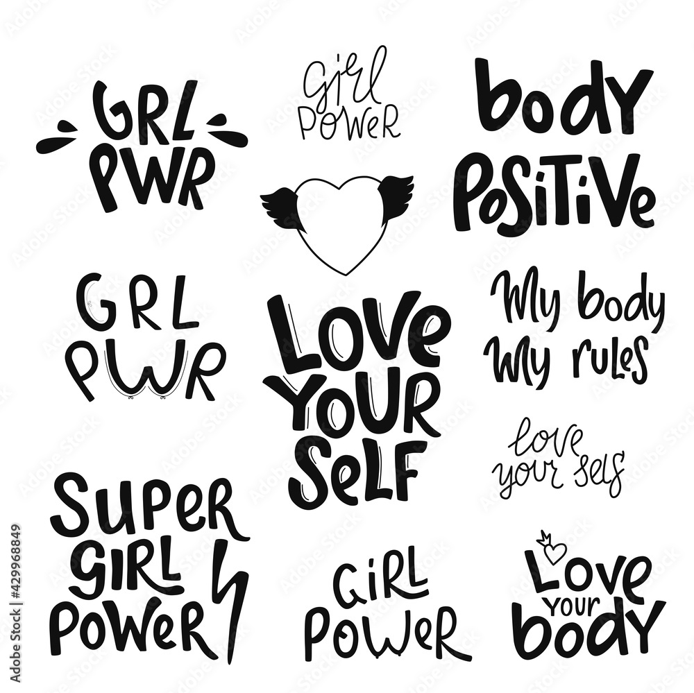 Feminist and girl power handwritten phrase slogan set. Lettering quotes ...