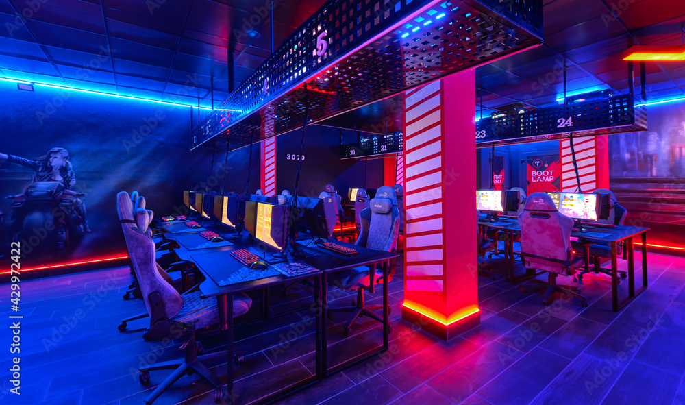 Inside of modern internet cybercafe, no people Stock Photo | Adobe Stock