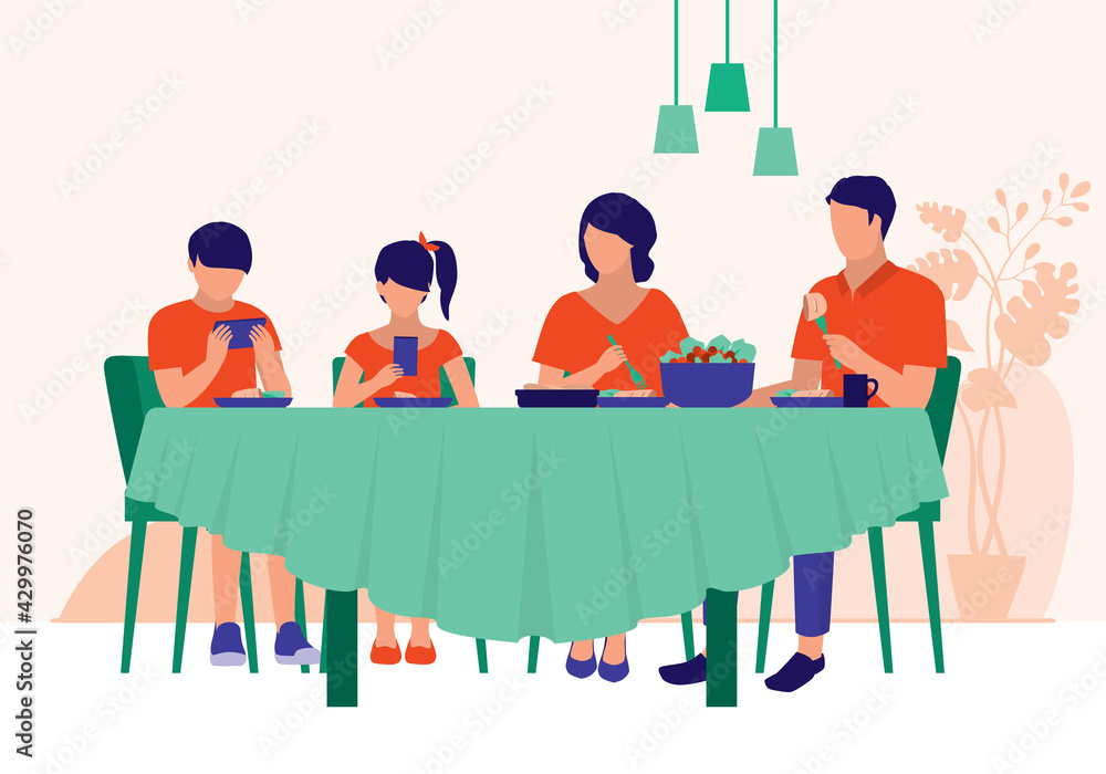 Teens Playing Phones While Having Meal With Parents. Poor Family ...