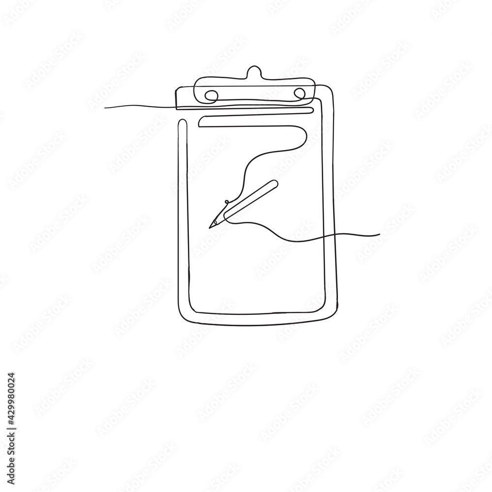 hand drawn doodle clipboard paper and pen isolated in continuous line ...