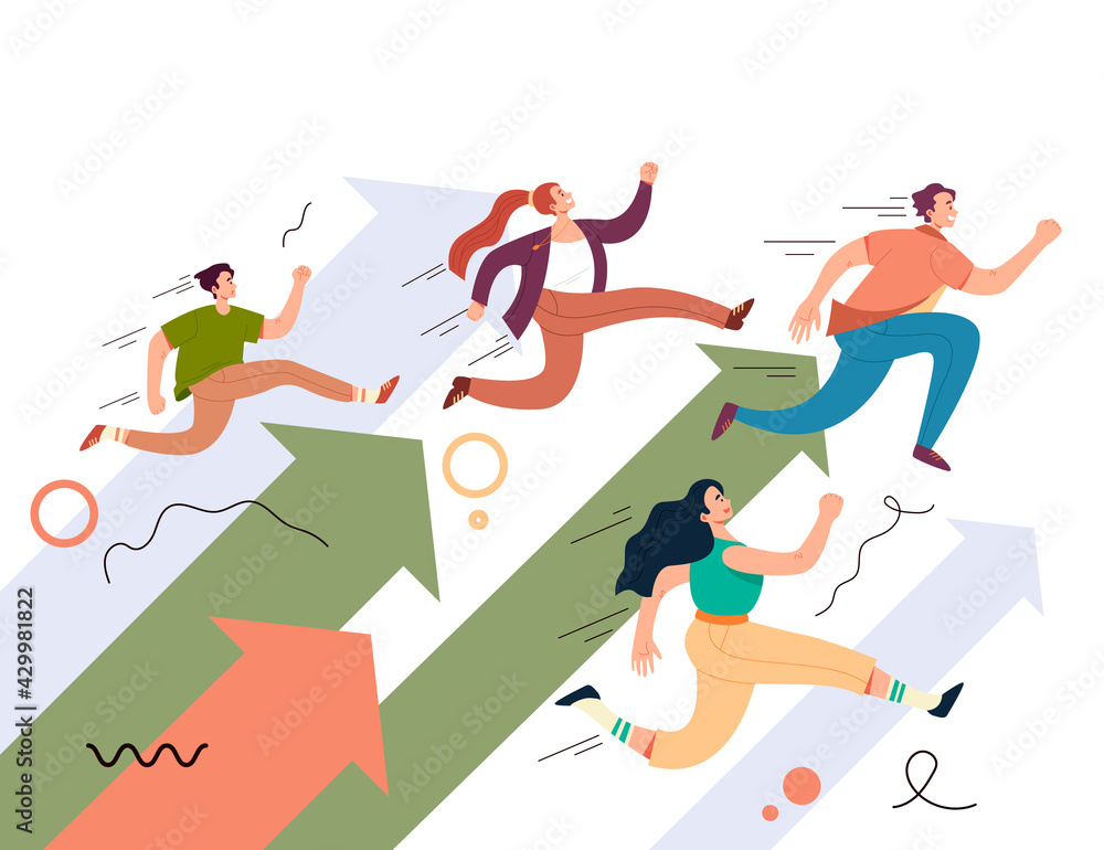 People teamwork characters running way forward. Business start up ...