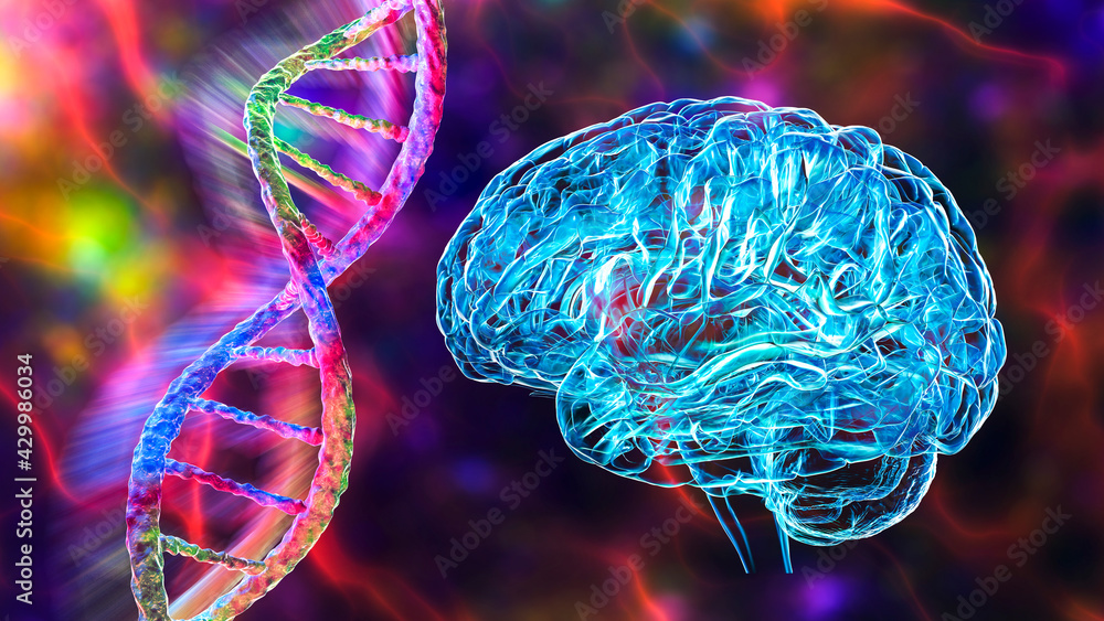 Genetic brain disorders, conceptual 3D illustration. Mutations in the ...