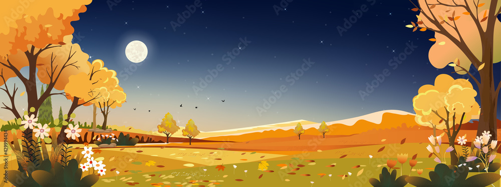 Autumn landscape at night Sky with full Moon,star and dark blue sky ...