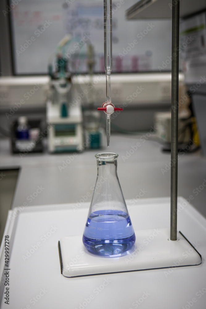 Analytical chemistry titration equipment. Laboratory glassware in a ...