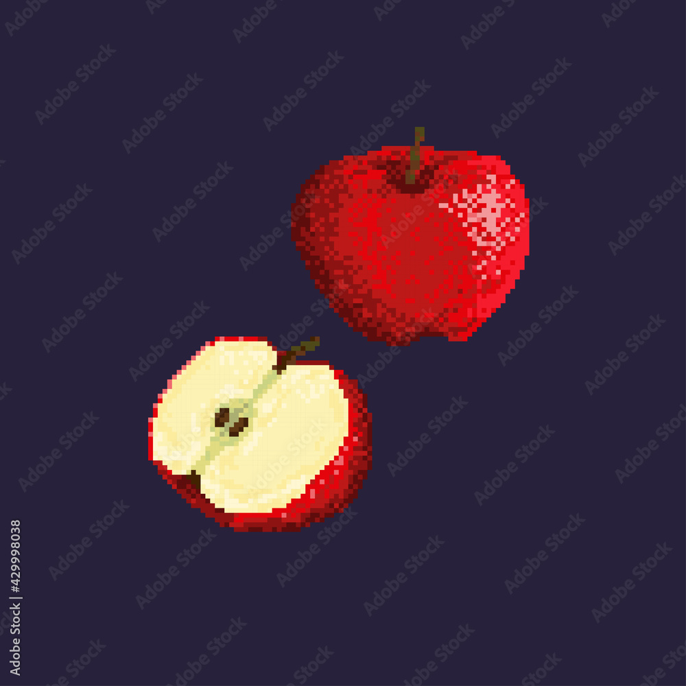 Pixel-art apple. Whole apple and slice of apple on dark blue background ...