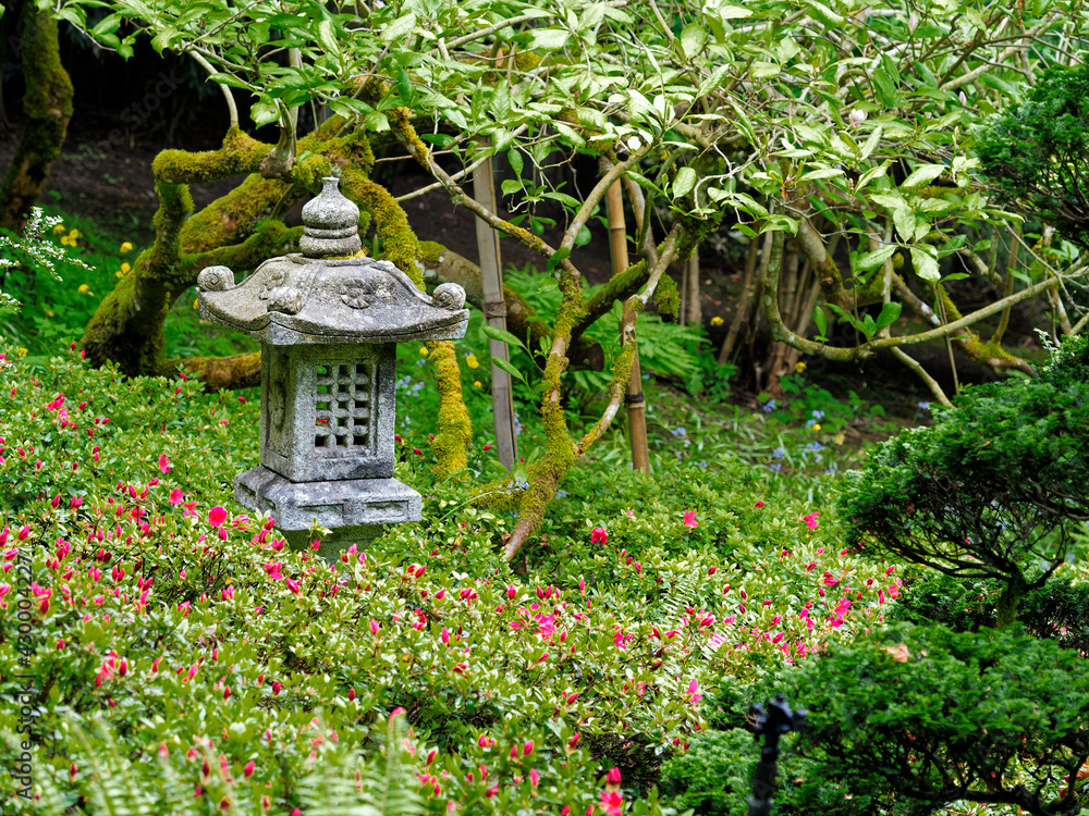 Traditional elements of design of a japanese garden with bridges and ...